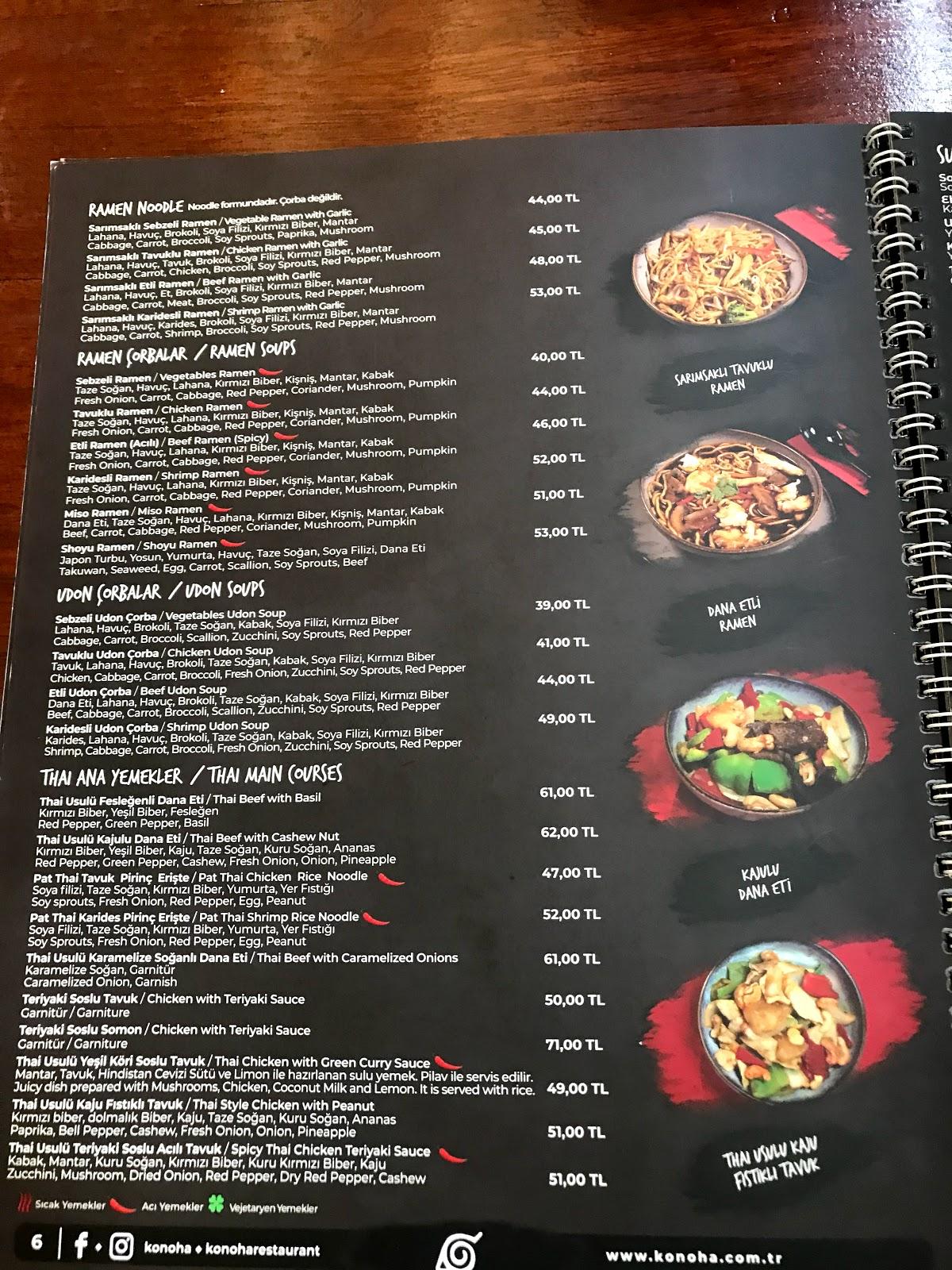 Menu at Konoha Etiler, Istanbul
