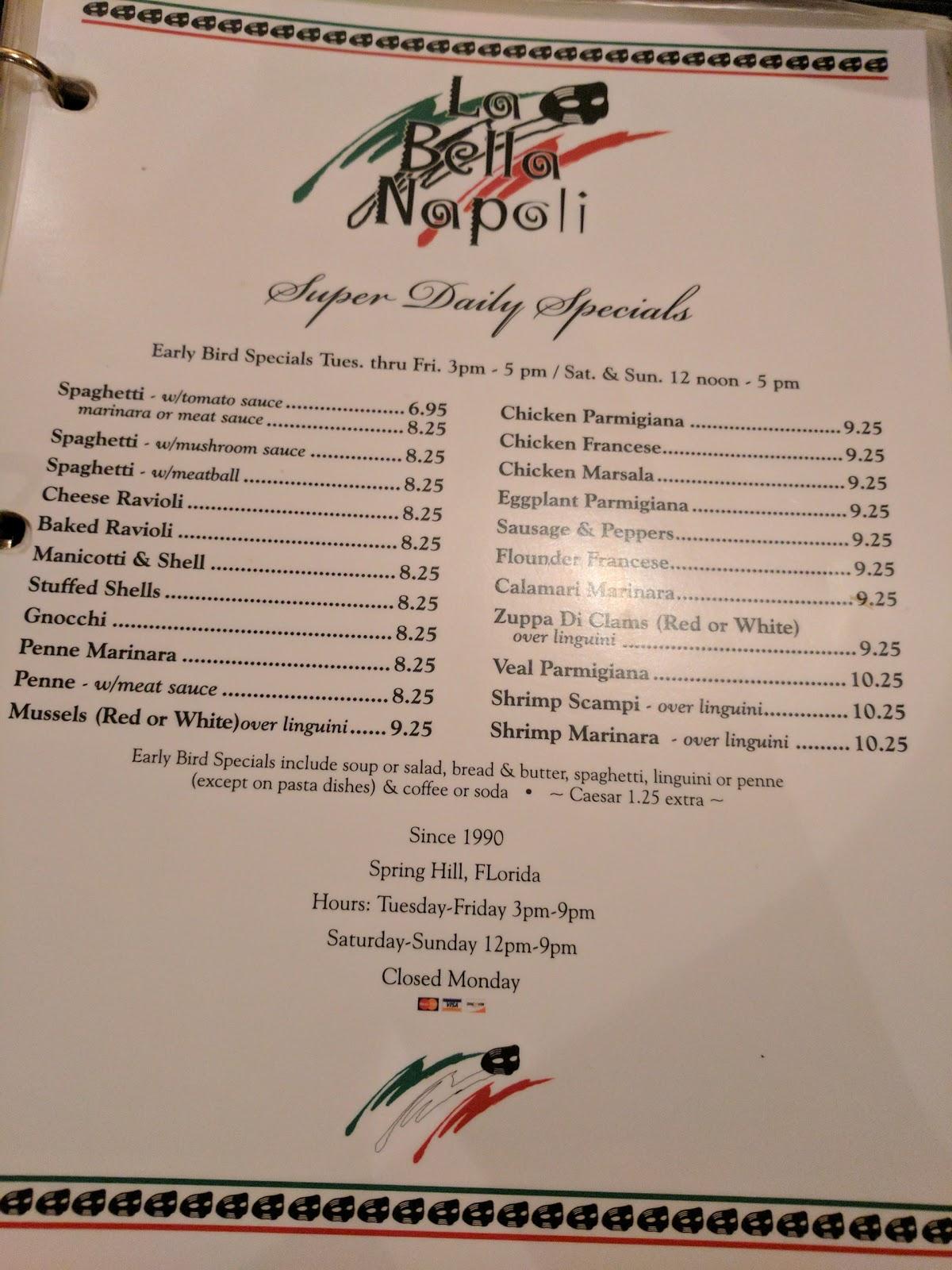 Menu at La Bella Napoli Restaurant, Spring Hill