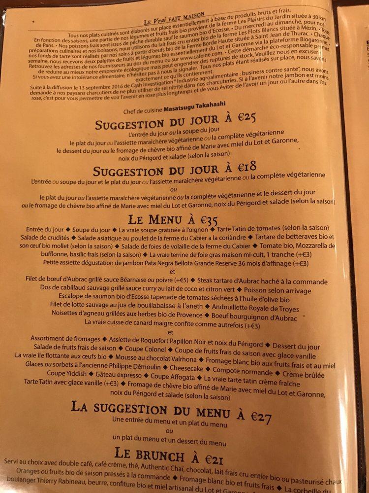 Menu at Les Philosophes restaurant, Paris, 28 Rue Vieille du Temple