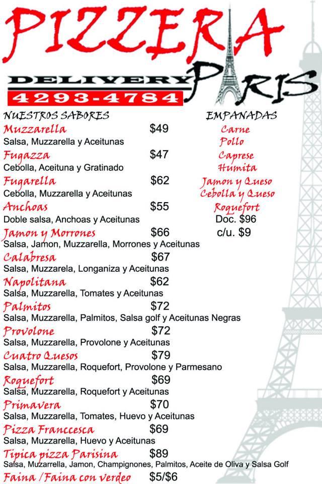 Menu at Pizzeria Paris, José Mármol