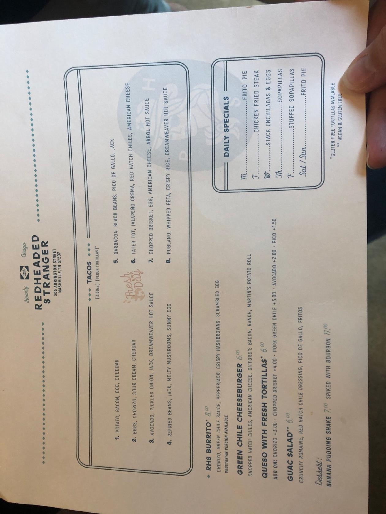 Menu at Redheaded Stranger restaurant, Nashville