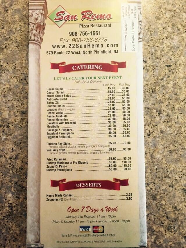 Menu at San Remo Pizza Restaurant Deli, North Plainfield