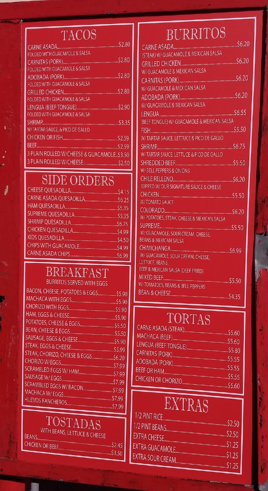 Menu at Taco Express restaurant, Colorado Springs, Centennial Blvd