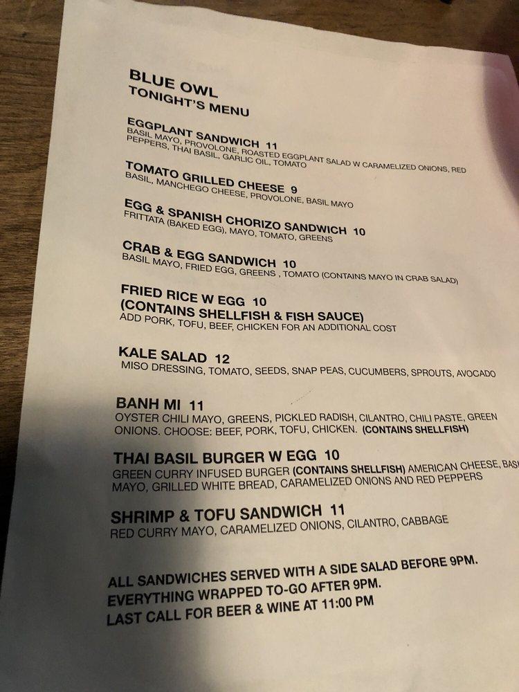 Menu at The Blue Owl restaurant, Santa Barbara