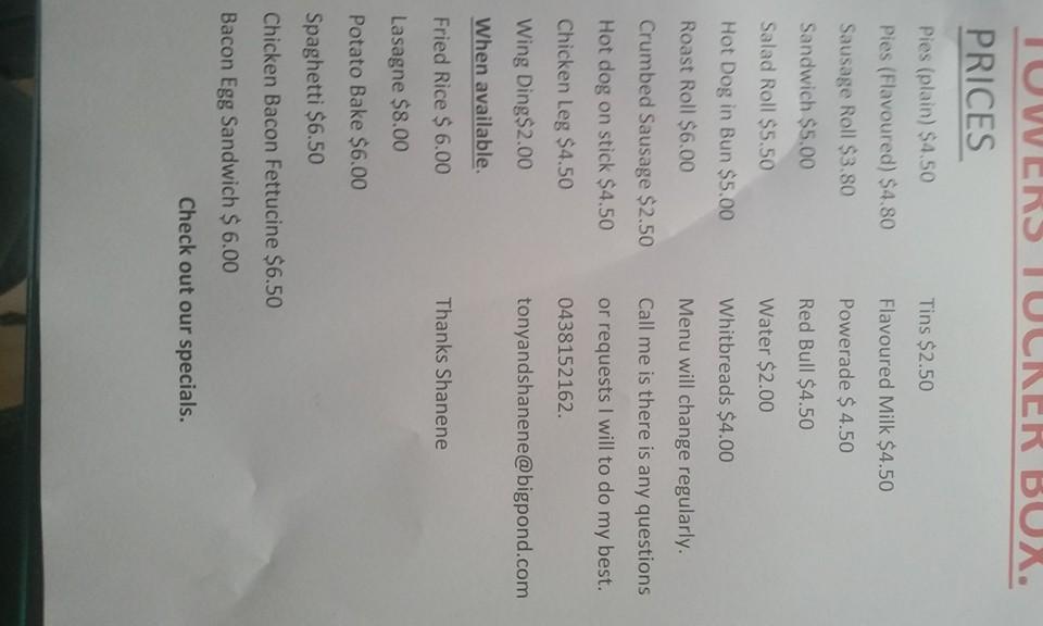 Menu at Towers Tucker Box restaurant, Charters Towers