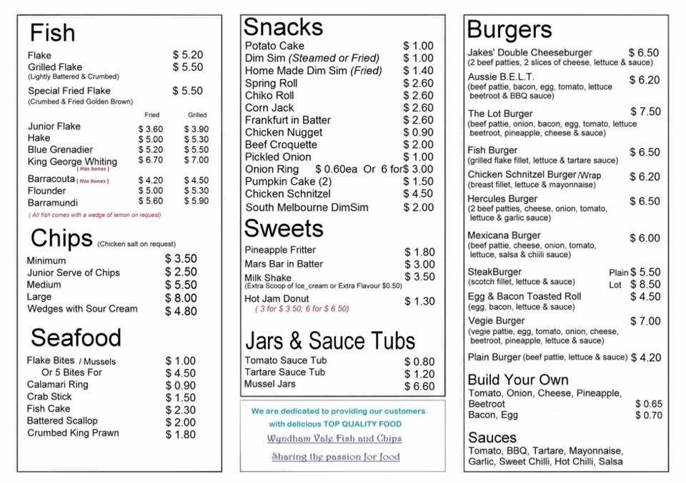 Menu at Wyndham Vale Fish and Chips restaurant, Wyndham Vale