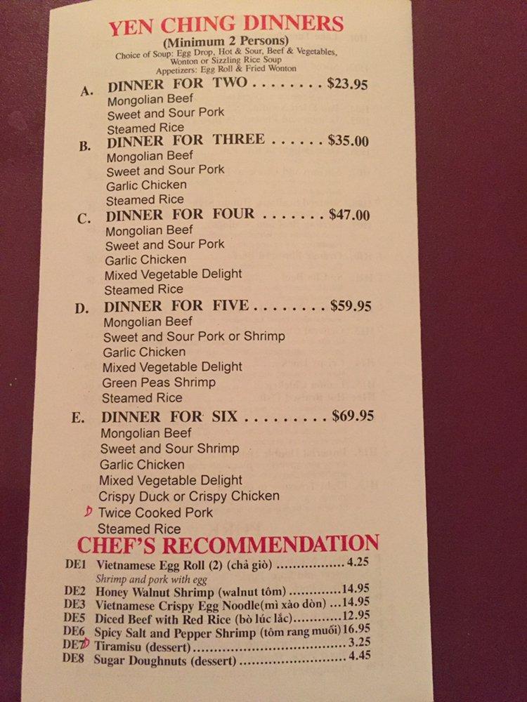 Menu at Yen Ching restaurant, Peoria