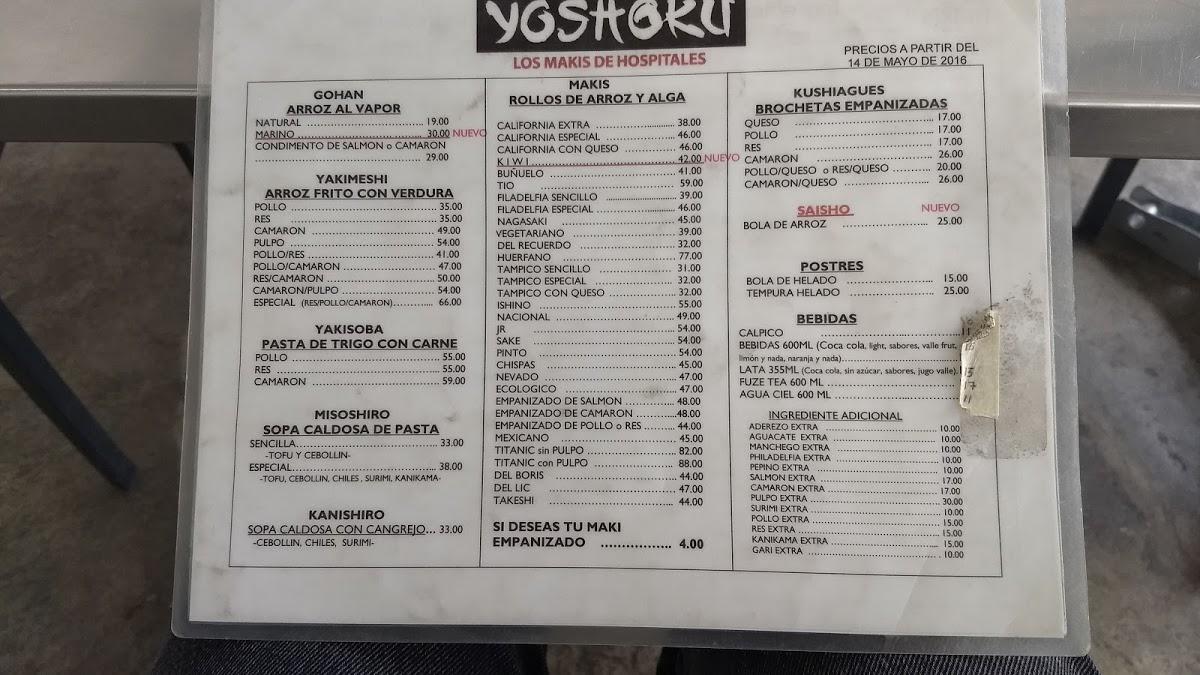 Carta del restaurante Yoshoku (Santa María), Morelia