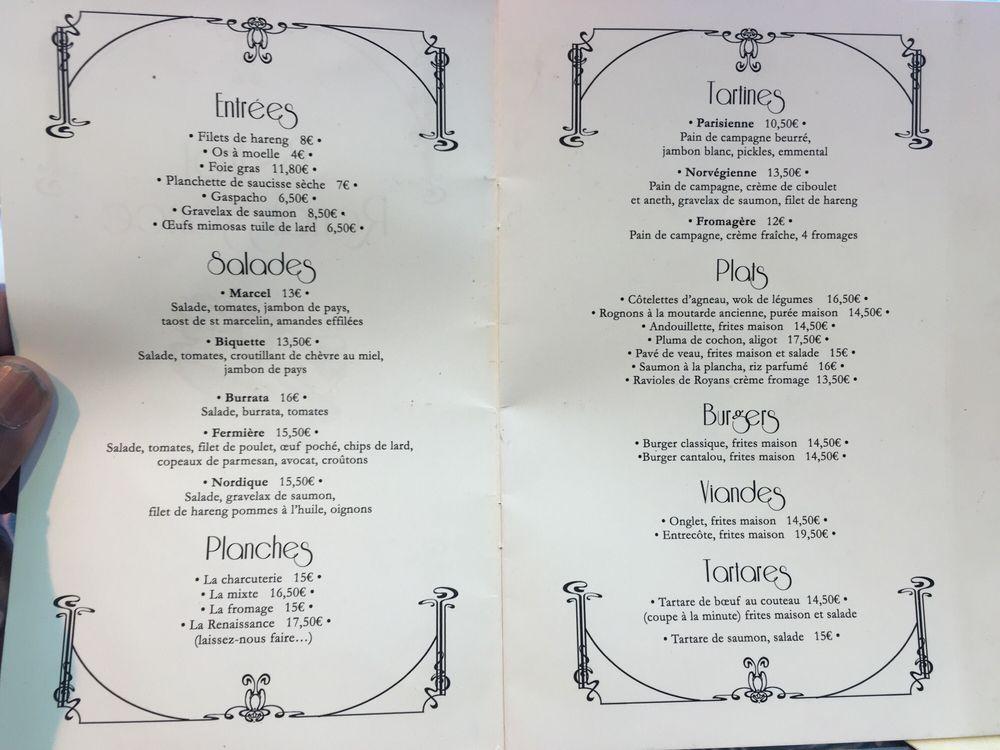 Menu at Bistrot Renaissance pub & bar, Paris