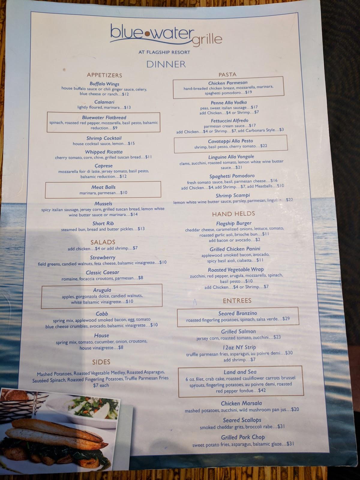 Menu at Blue Water Grille pizzeria, Atlantic City