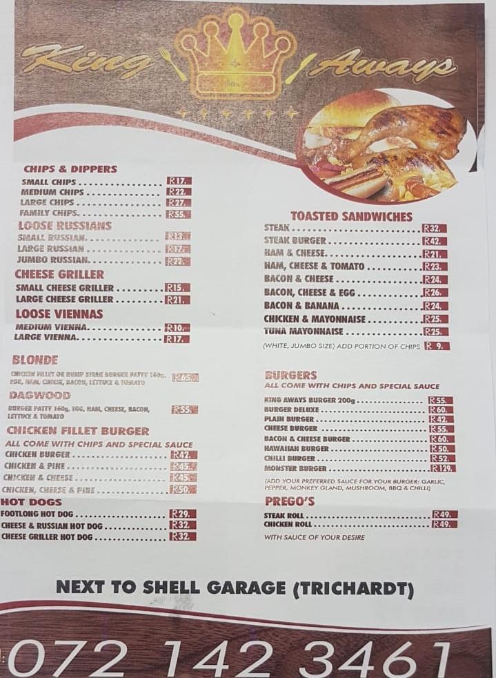 Menu at King aways restaurant, Trichardt