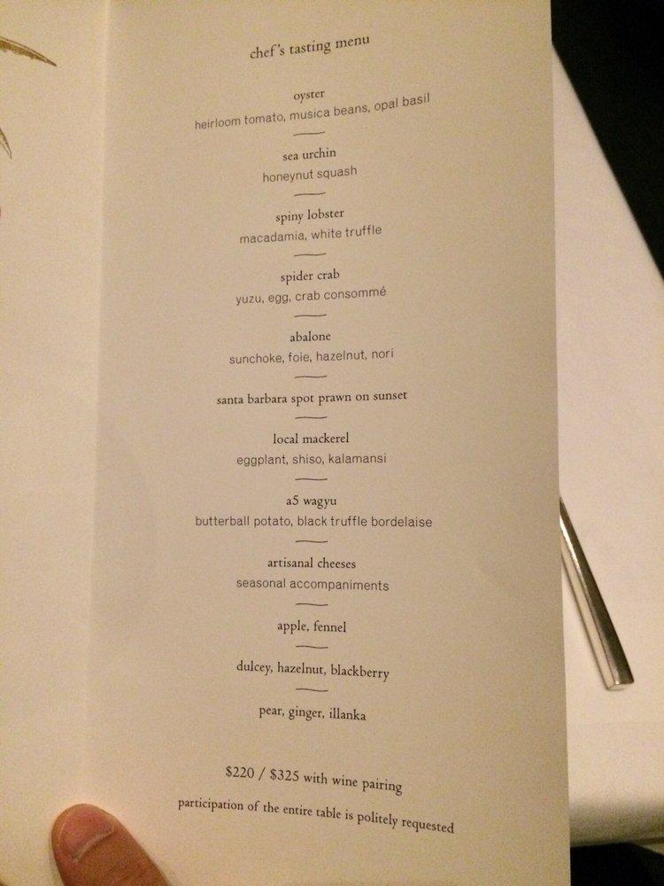 Menu at Providence restaurant, Los Angeles
