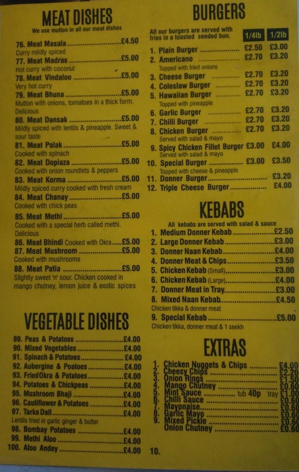 Menu at Yaadgaar Asian fast food, Huddersfield