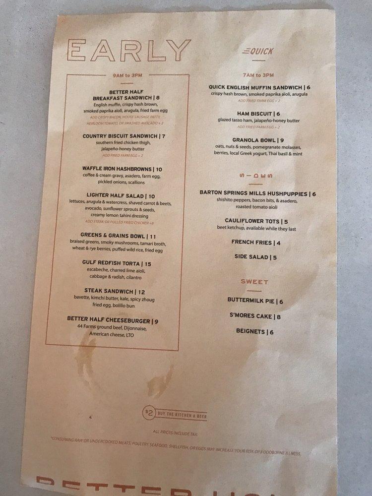 Menu at Better Half Coffee & Cocktails pub & bar, Austin