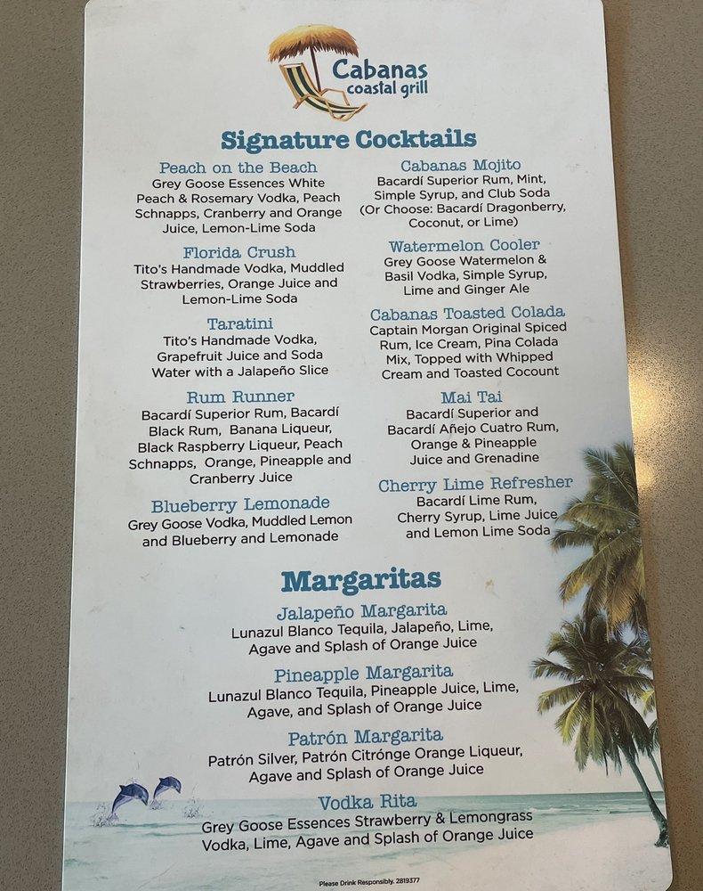 Menu at Cabanas Coastal Grill restaurant, Clearwater