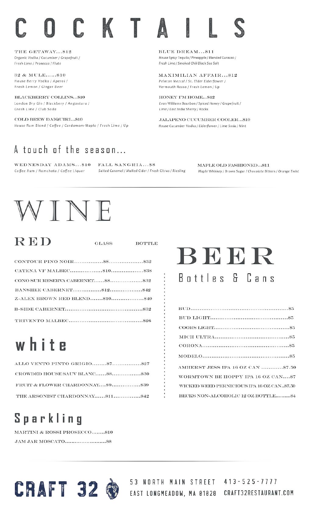 Menu at Craft 32 Restaurant, East Longmeadow
