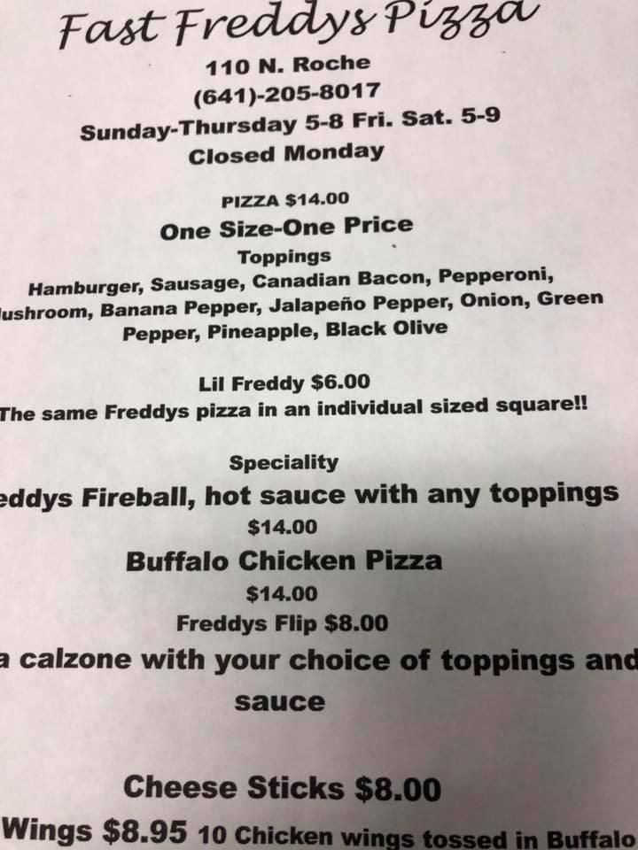 Menu at Fast Freddy's Pizza pizzeria, Knoxville