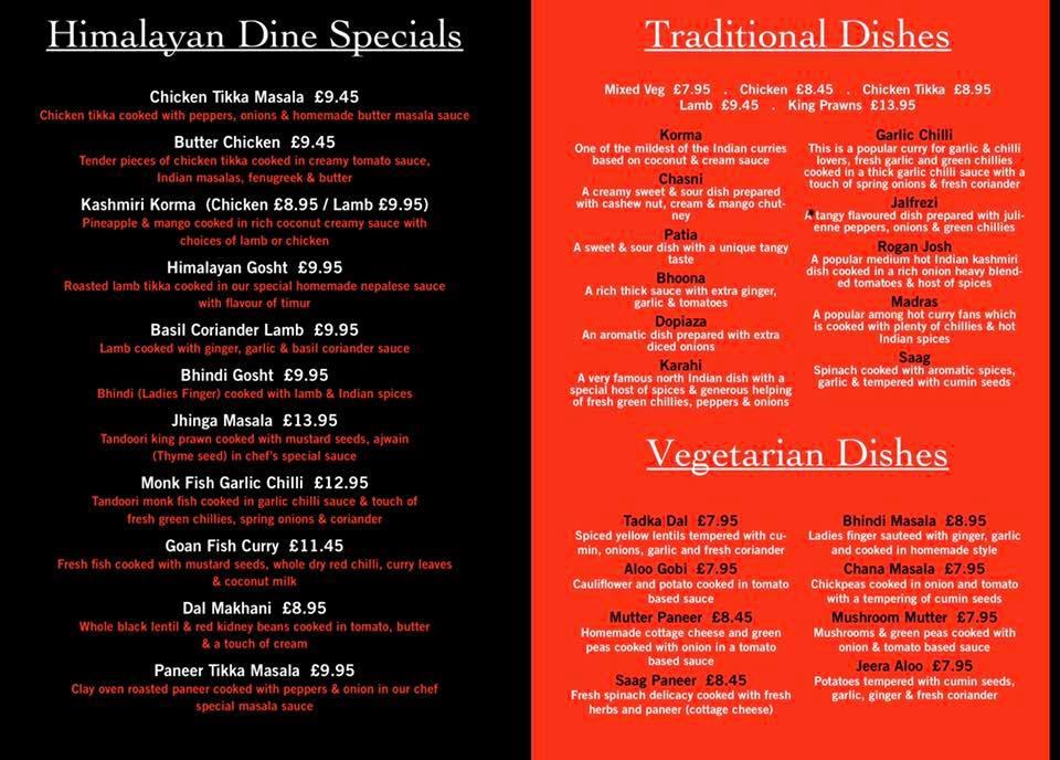 Menu at Himalayan Dine Shawlands restaurant, Glasgow, 71 Kilmarnock Rd