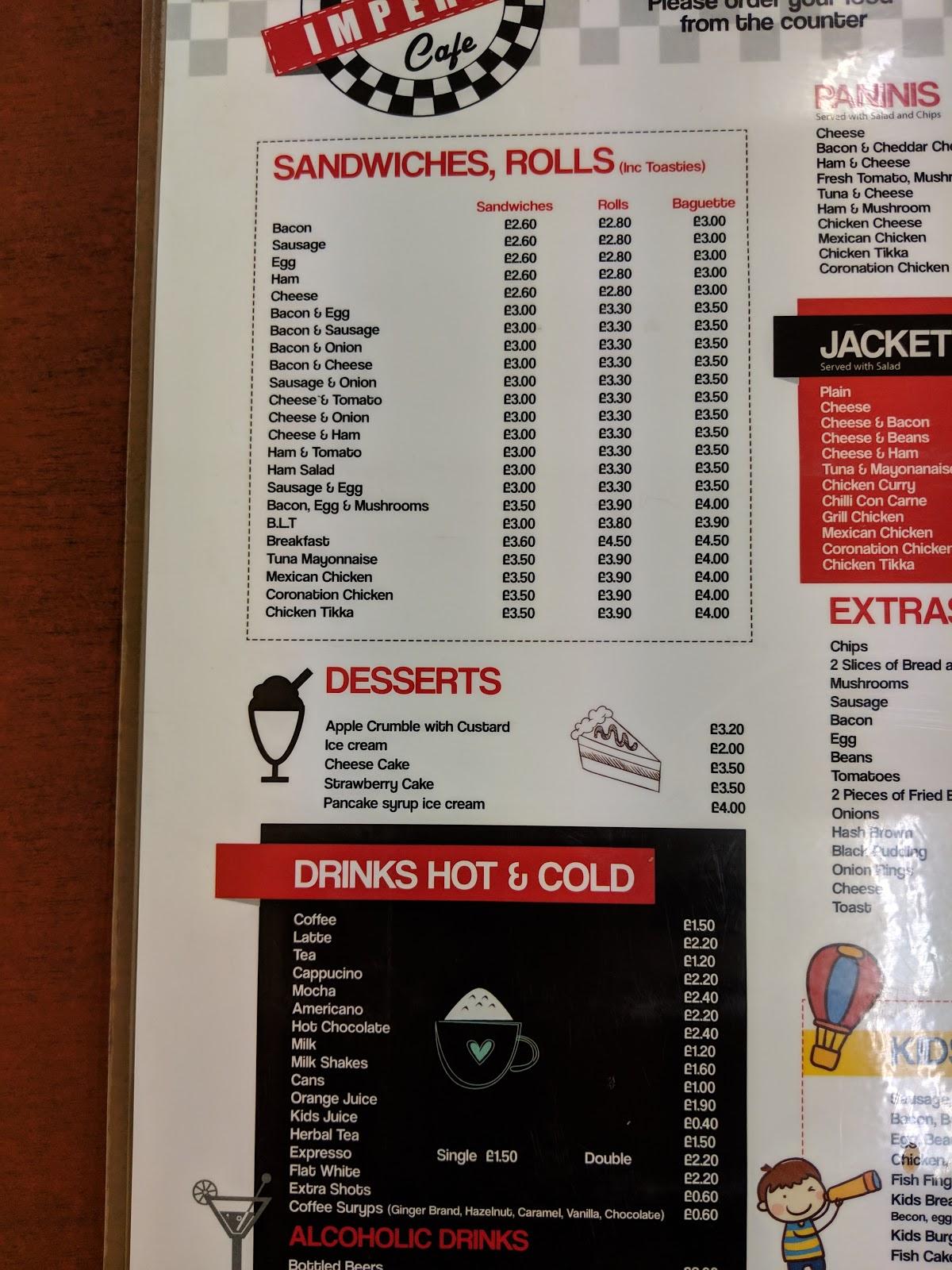 Menu at Imperial Cafe, Cardiff