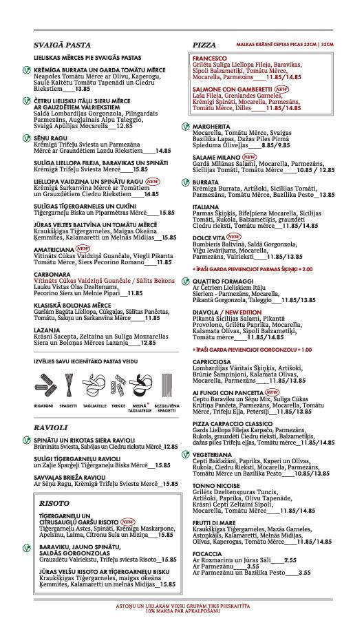 Menu at Italissimo restaurant, Riga