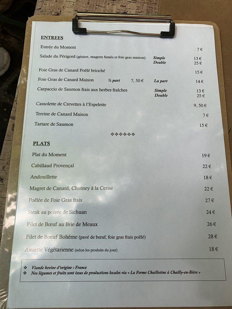 Menu au La Bohème restaurant, Barbizon