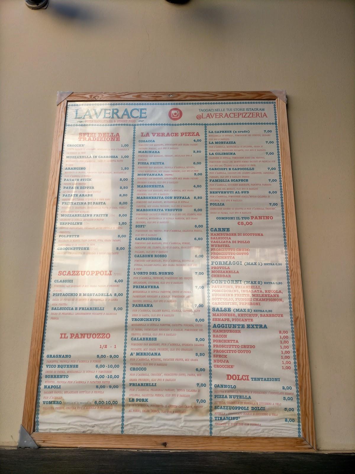 Carta del restaurante La Verace, Pompeya, Via S. Giuseppe