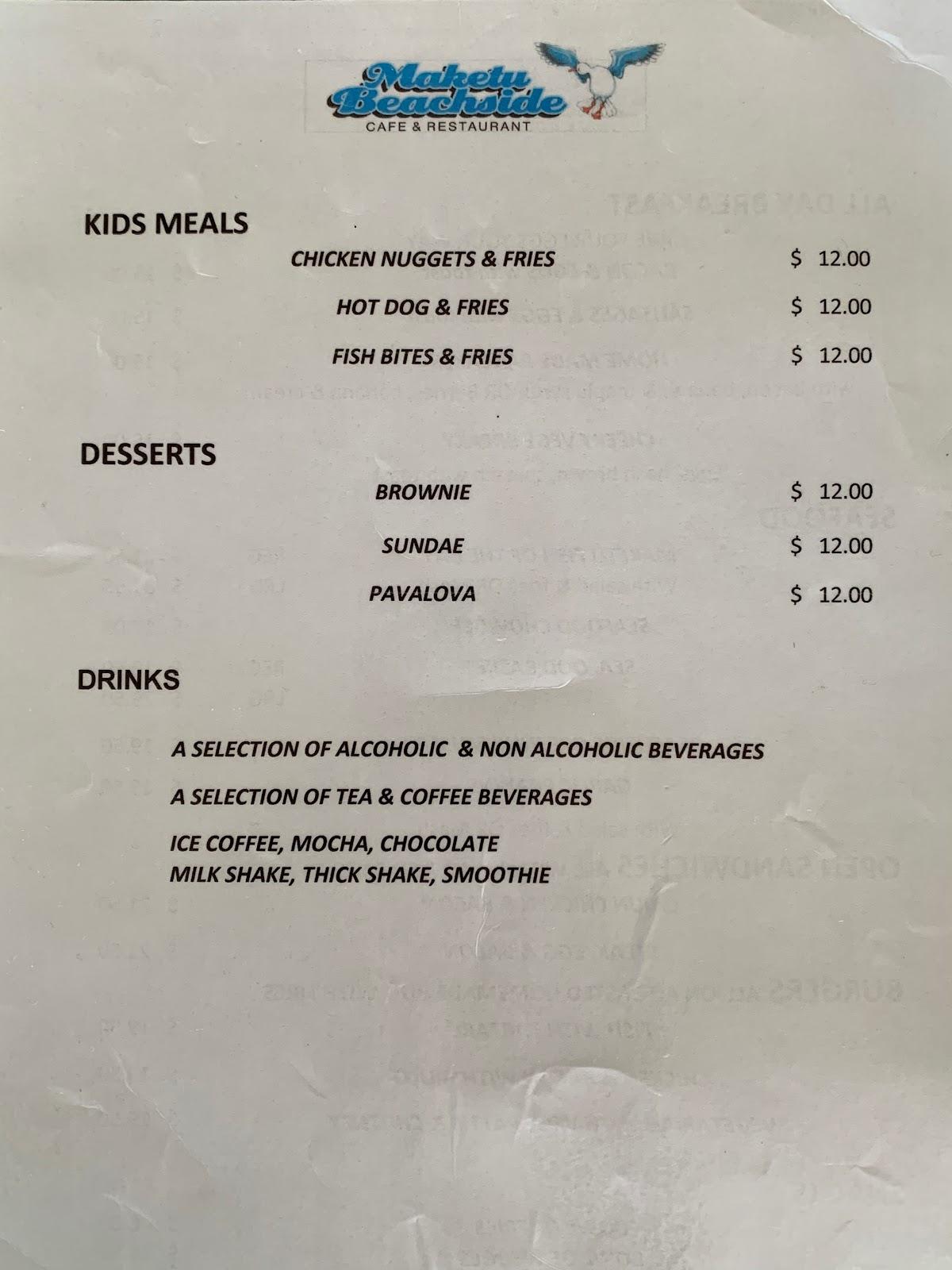 Menu at Maketu Beachside Cafe & Restaurant, Maketu