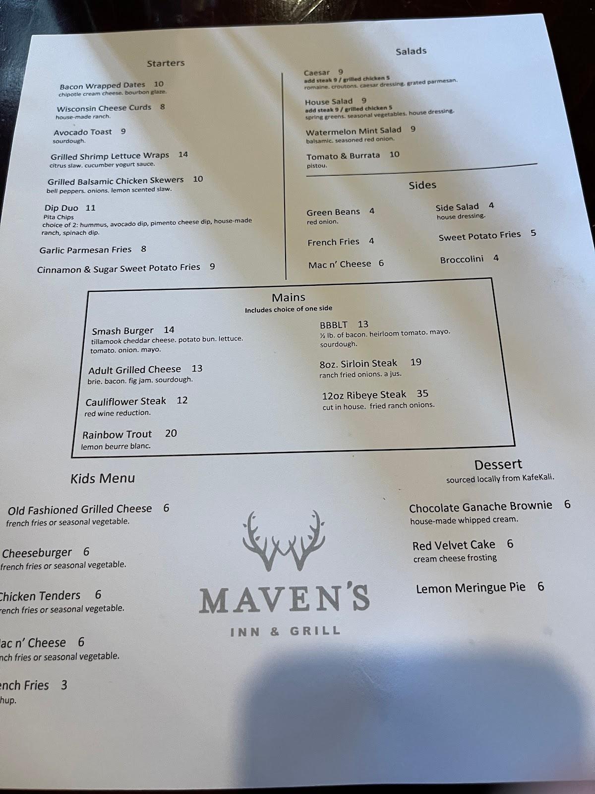 Menu at Maven's Inn & Grill restaurant, Canyon Lake