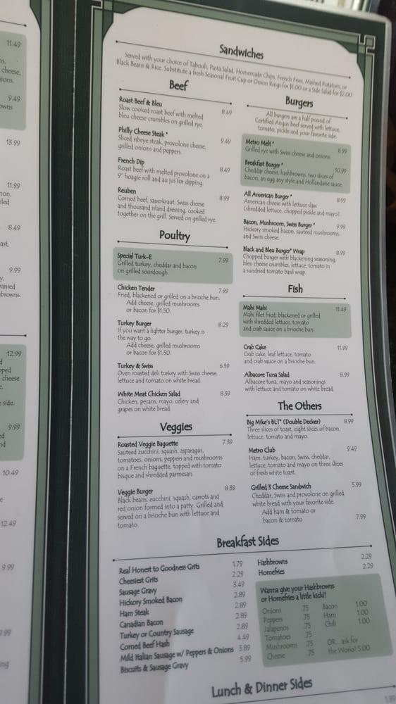 Menu at Metro Diner restaurant, Jacksonville, San Jose Blvd