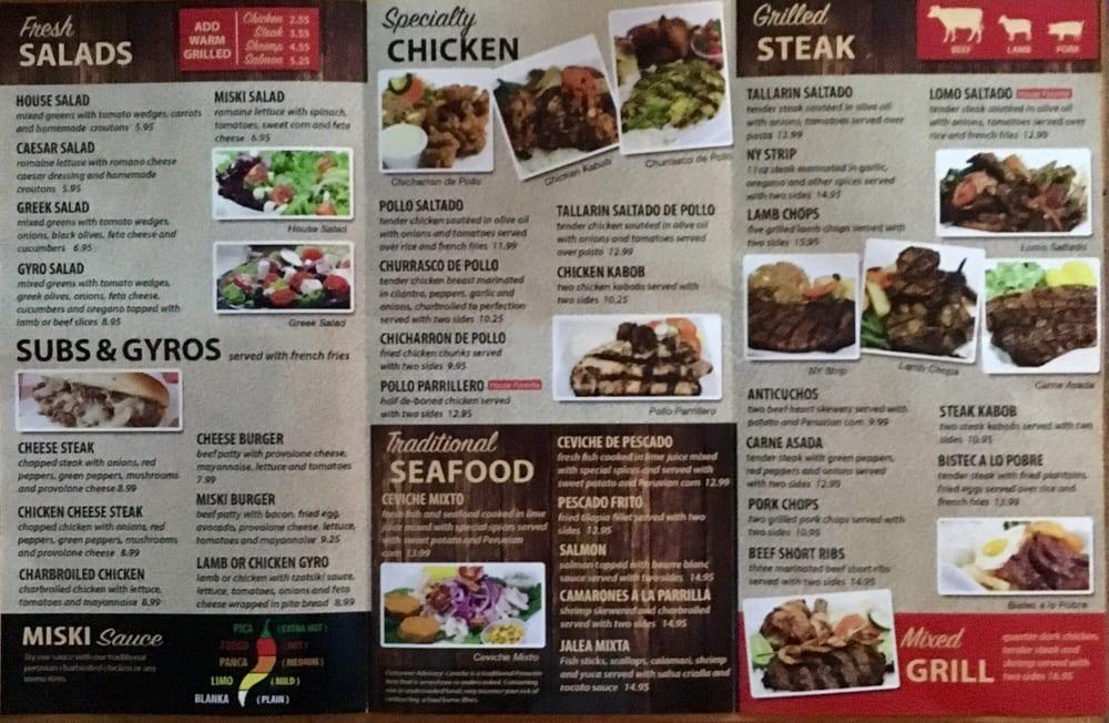 Menu at Miski Peruvian Charbroiled Chicken restaurant, Owings Mills