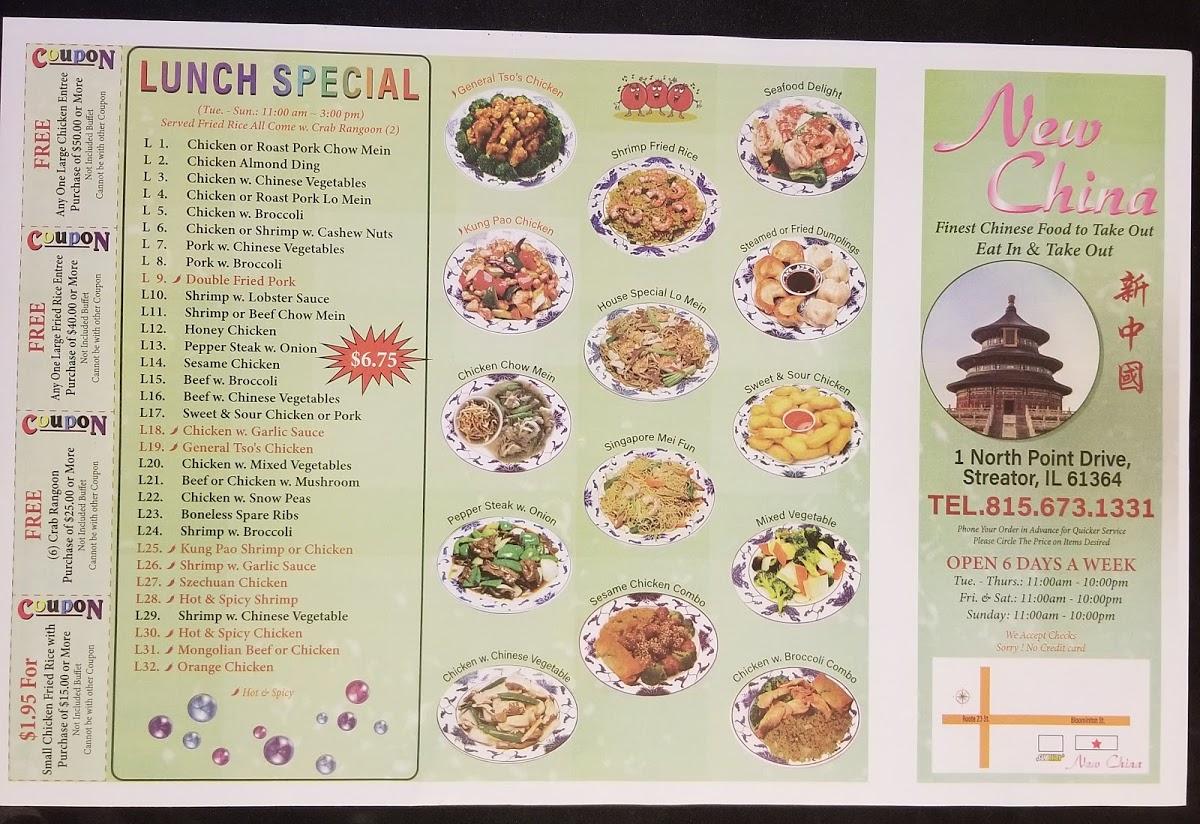 Menu at New China restaurant, Streator