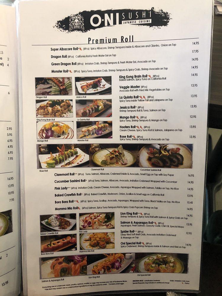 Menu at Oni sushi restaurant, Claremont