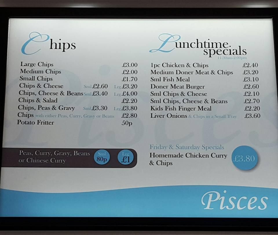 Menu at Pisces Fish Bar, Stoke-on-Trent
