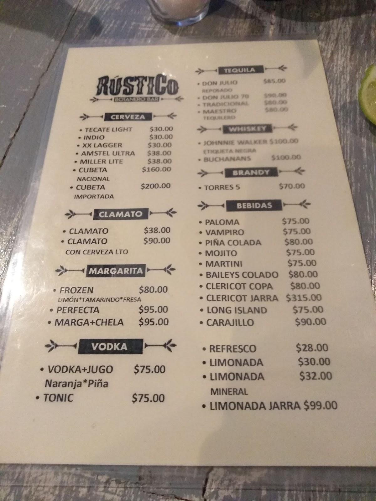 Carta de Rustico botanero-bar, Nuevo Laredo