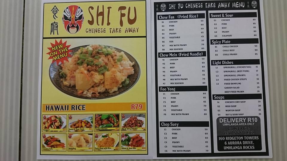 Menu at Shi fu restaurant & takeaway, Durban