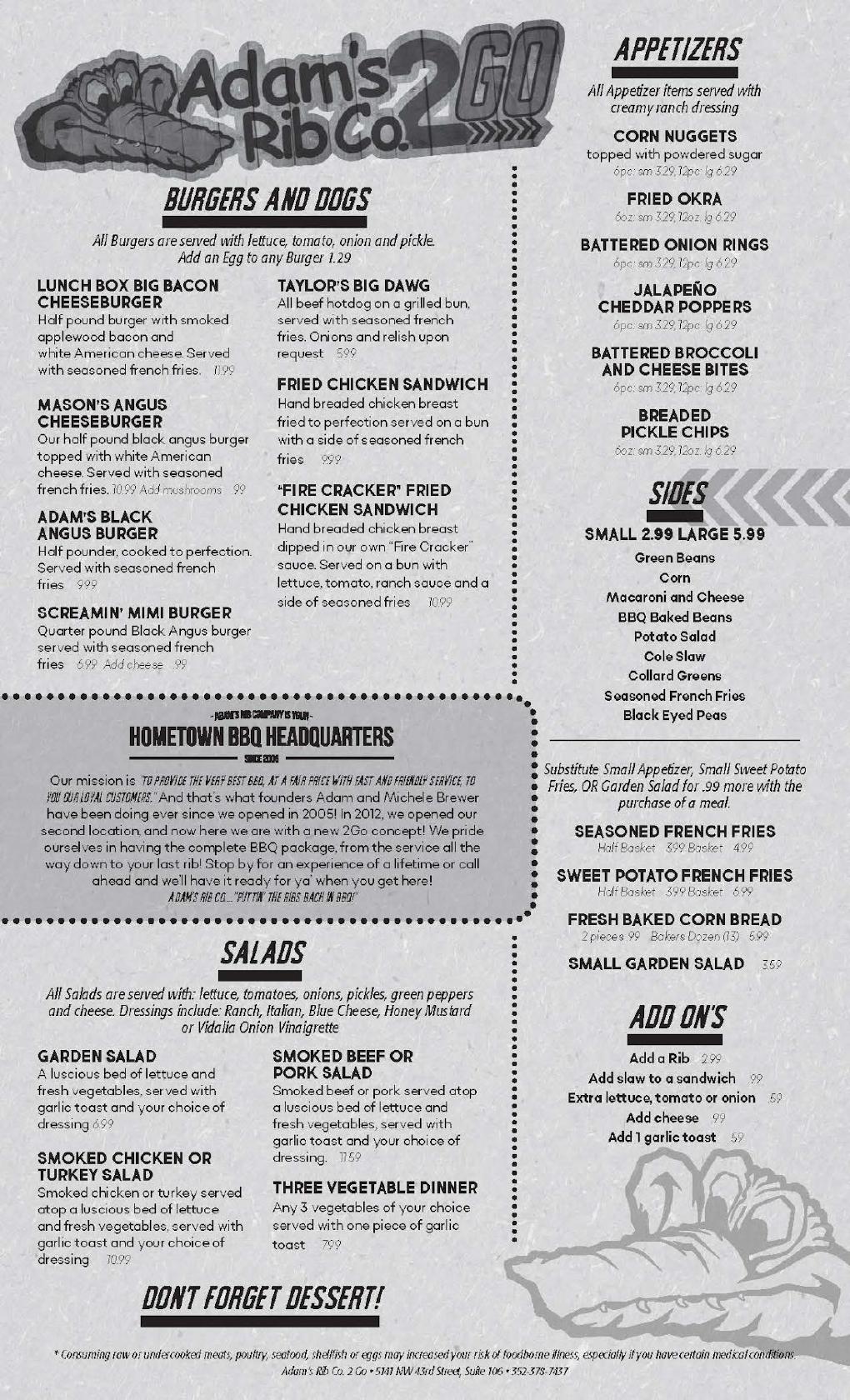 Menu at Adam’s Rib Co. 2 Go restaurant, Gainesville