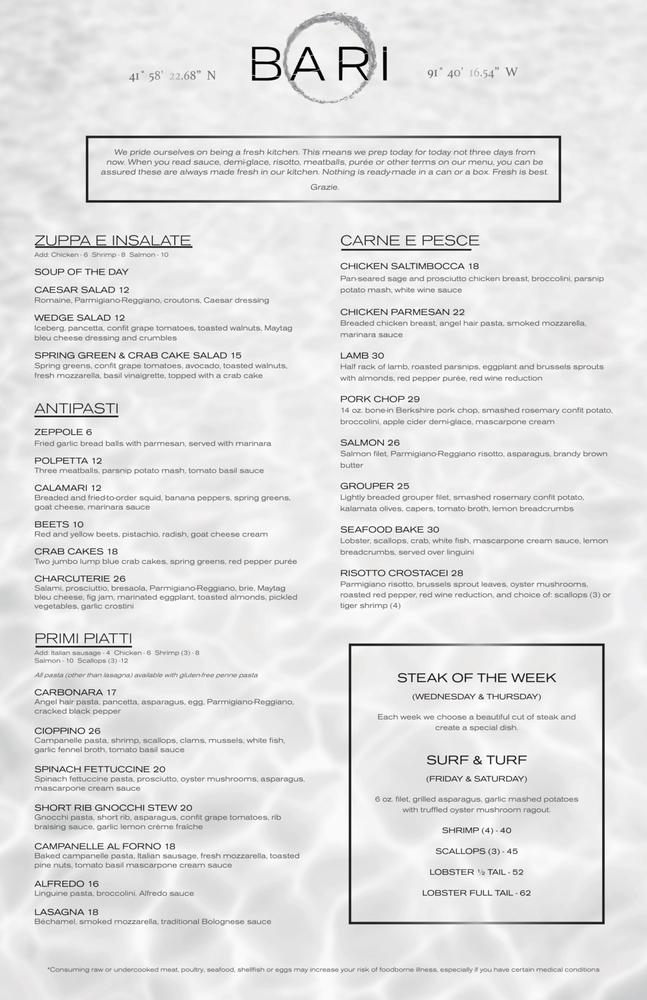Menu at BARI ITALIAN, Cedar Rapids