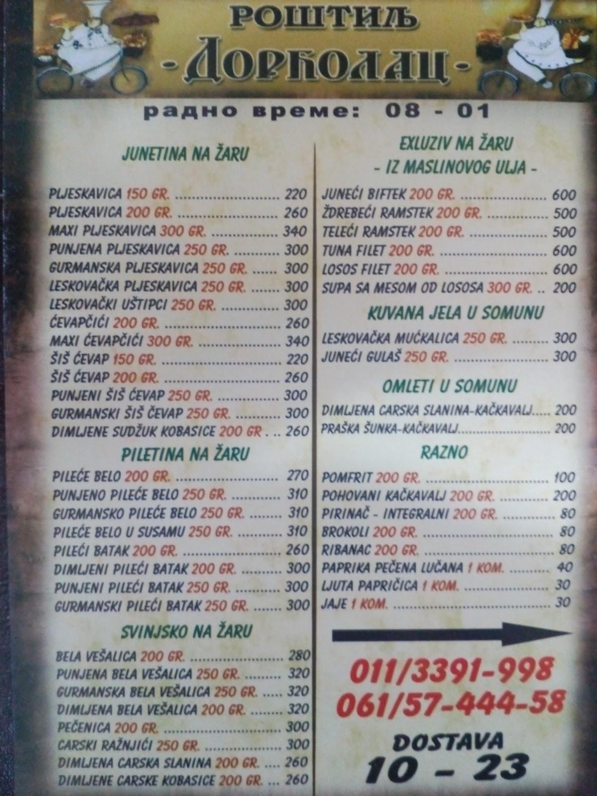 Menu at Roštilj kod Pobratima restaurant, Belgrade, Venizelosova 15A