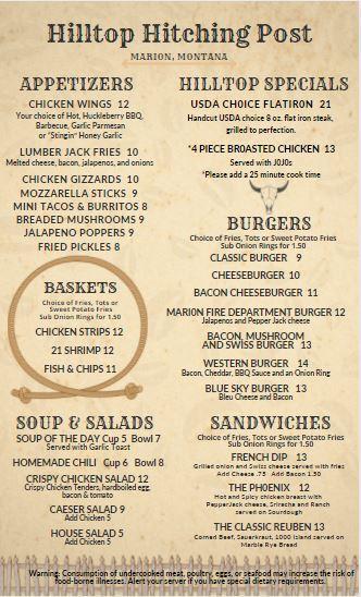 Menu at Hilltop Hitching Post pub & bar, Marion
