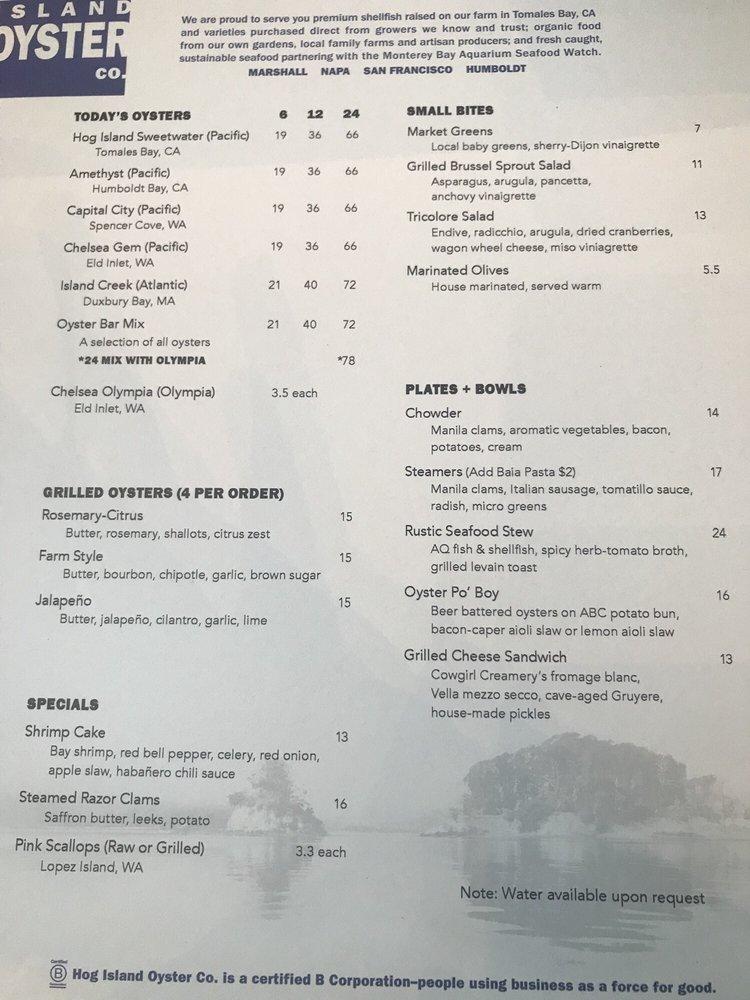 Menu at Hog Island Oyster Co restaurant, Napa