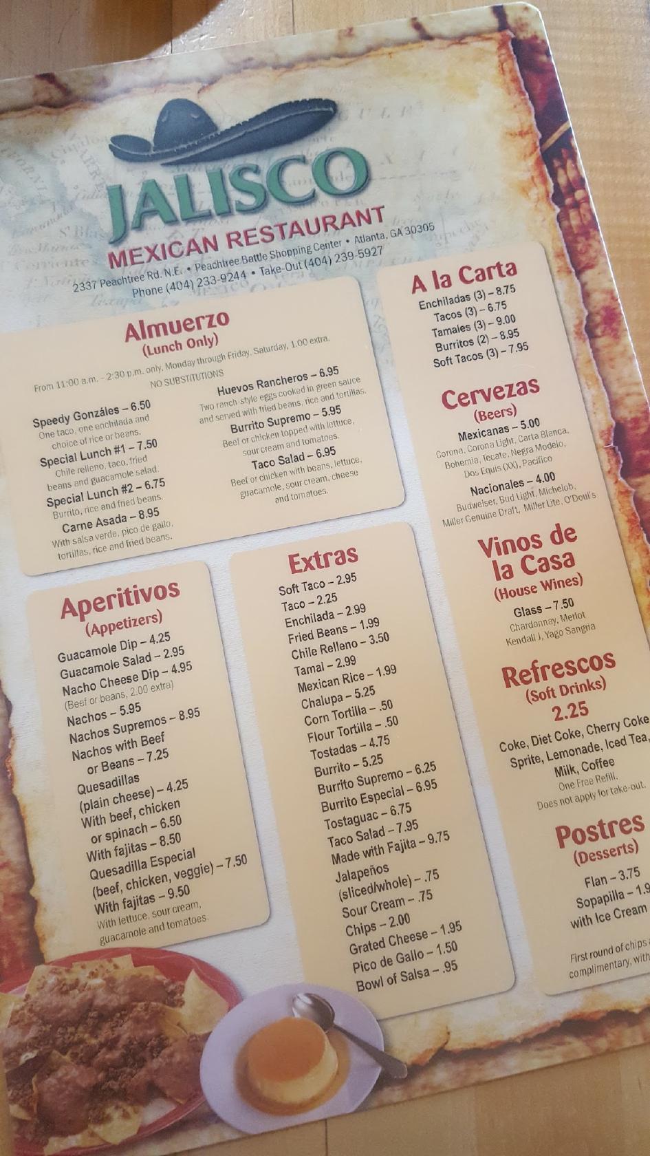 Menu at Jalisco Restaurant, Atlanta, Peachtree Street Northeast