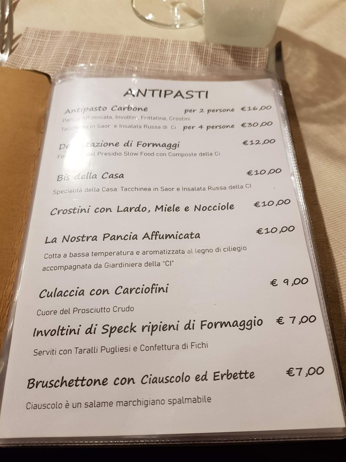 Menu at Ristorantino Carbone, Treviso