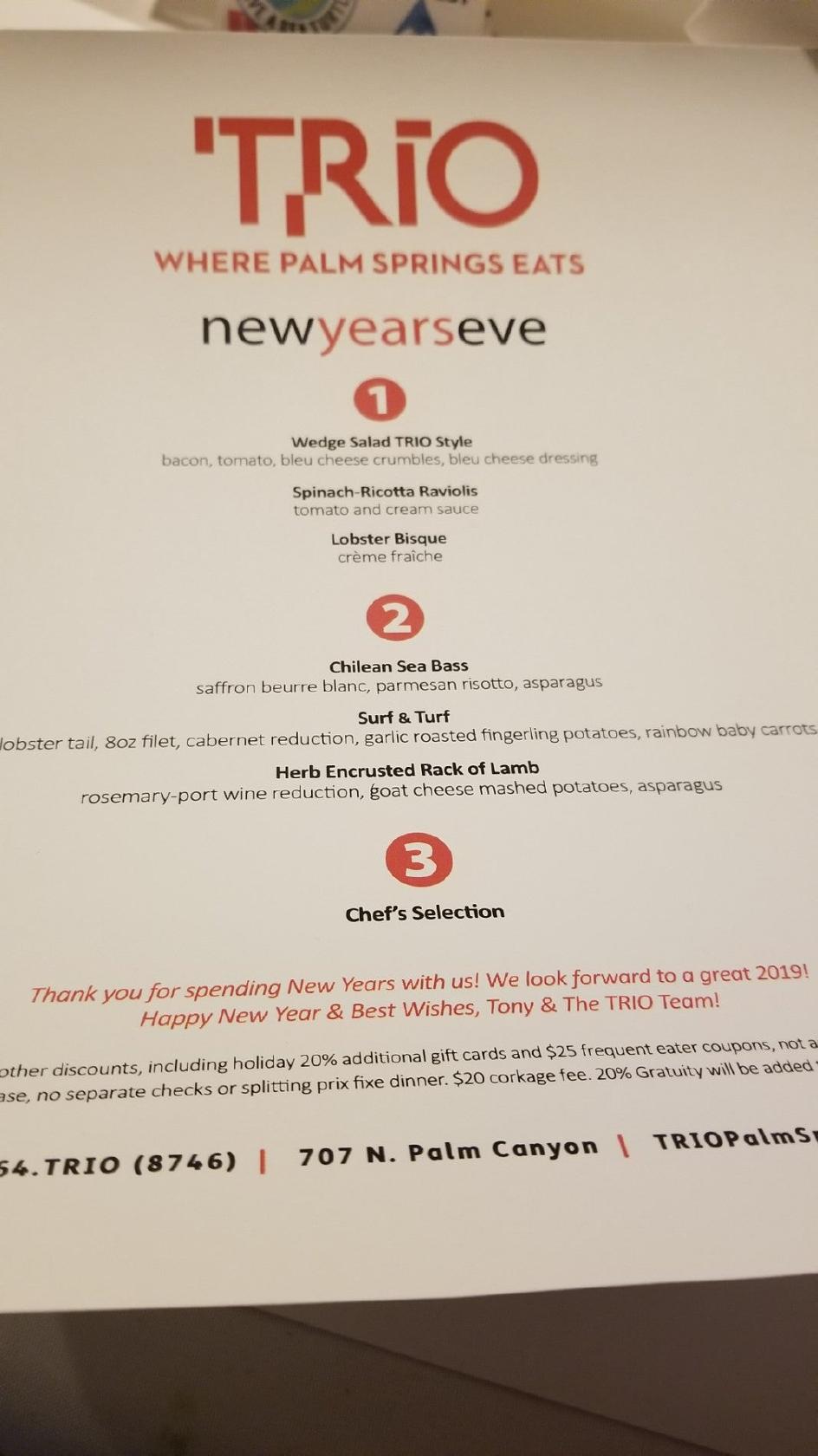 Menu at Trio Restaurant, Palm Springs, 707 N Palm Canyon Dr