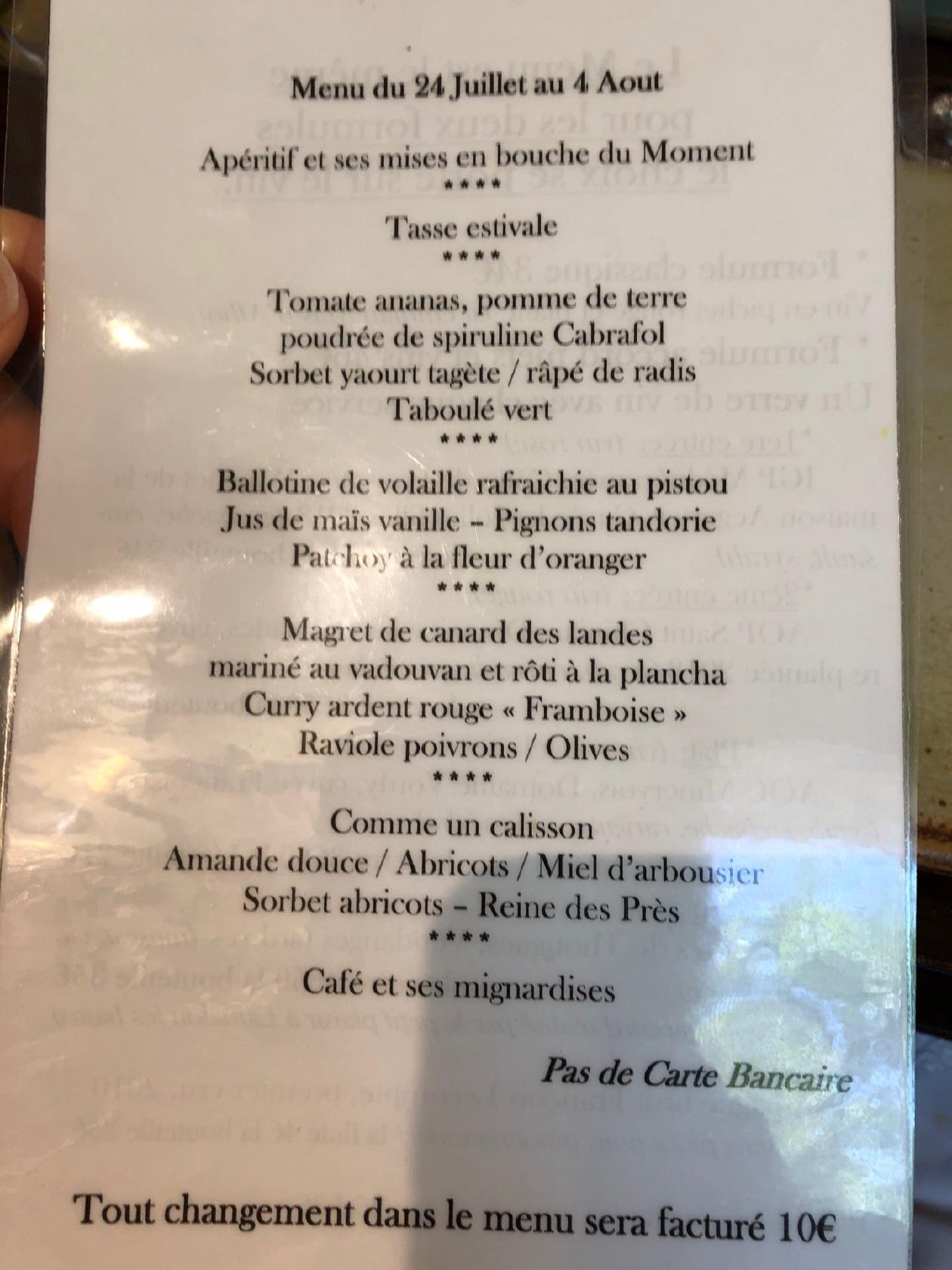 Menu au Auberge de Madale restaurant, Colombières-sur-Orb, Sévirac