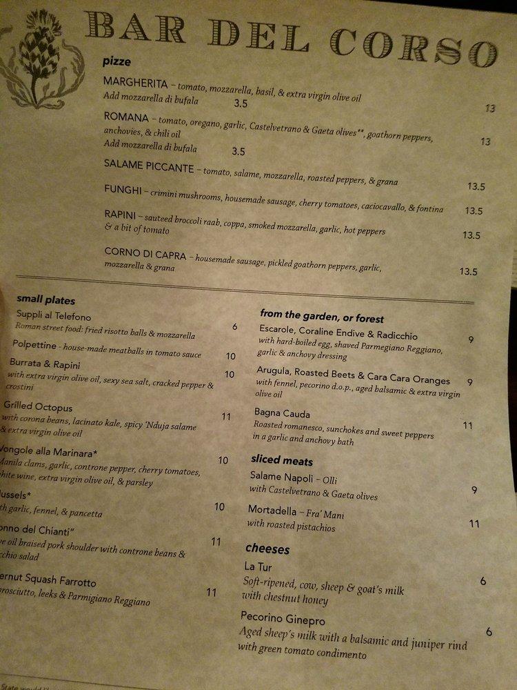 Menu at Bar del Corso, Seattle