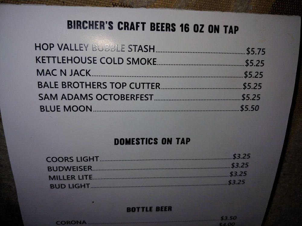 Menu at Bircher's Grill restaurant, Lewiston