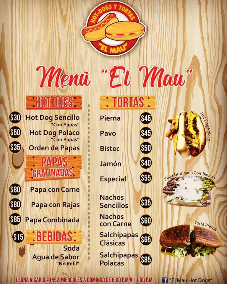 Menu at El Mau Hot Dogs restaurant, Mexicali