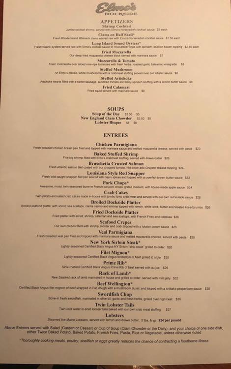 Menu at Elmo's Dockside restaurant, Vernon