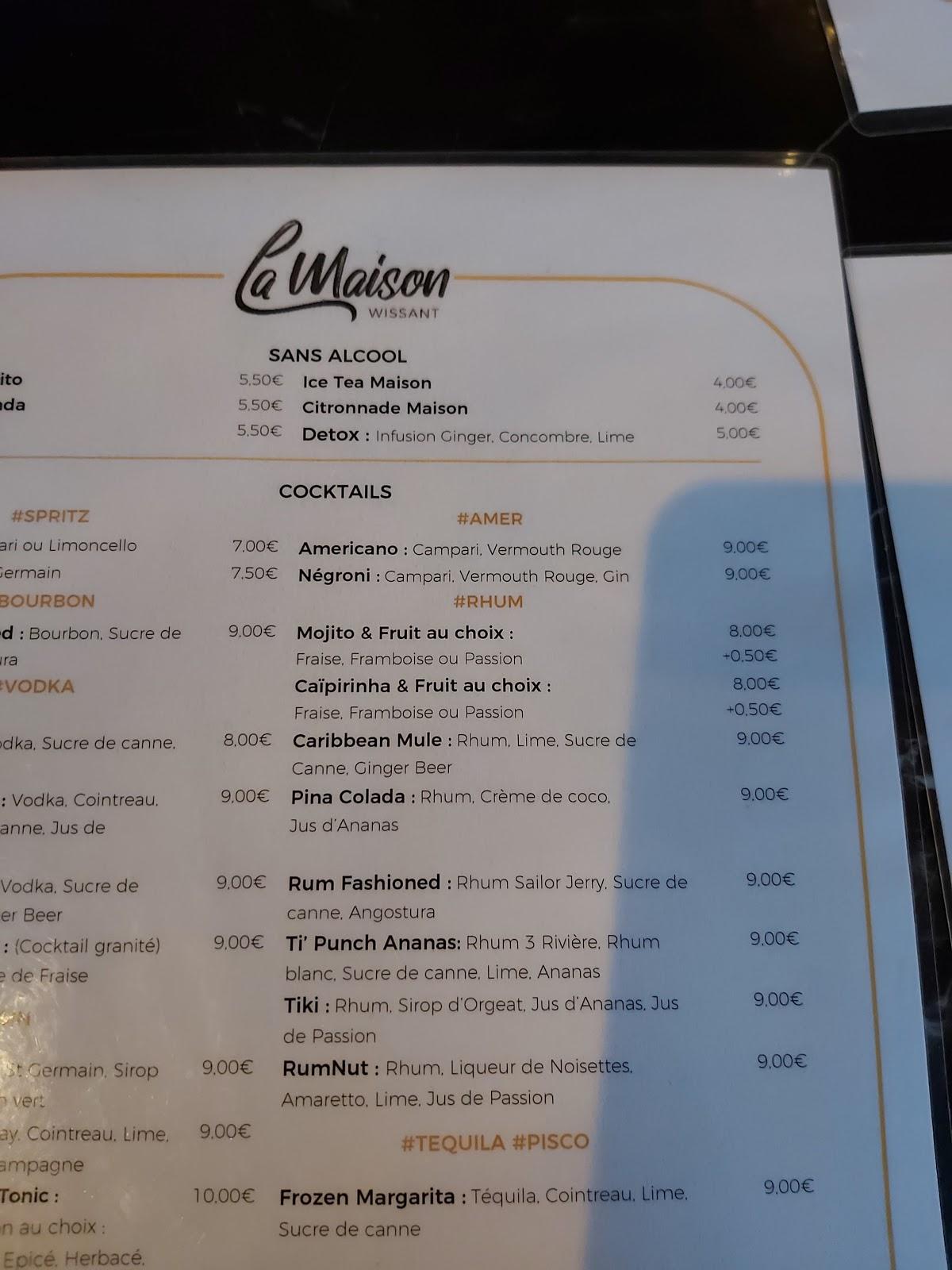 Menu at La Maison Wissant restaurant, Wissant