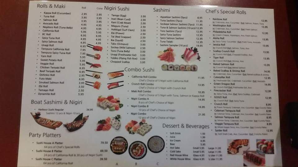 Menu at Sushi House restaurant, Campbell River